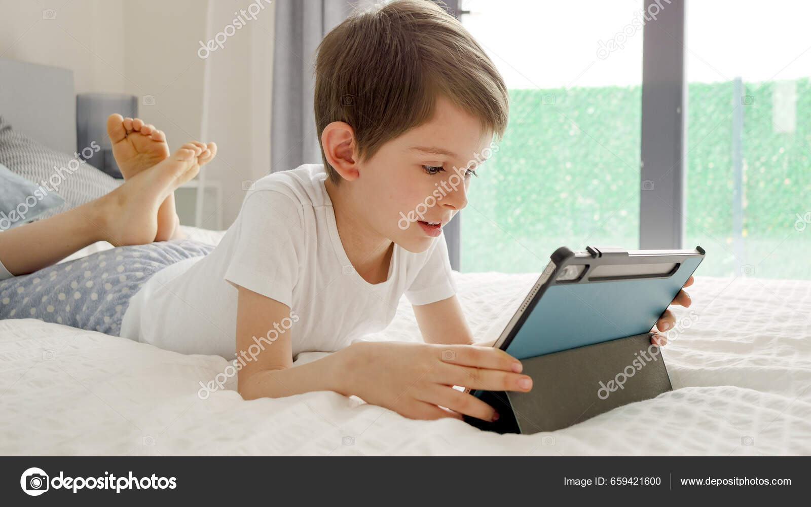 Little Boy Lies Bed Tablet Computer Enjoying His Screen Time — Stock ...