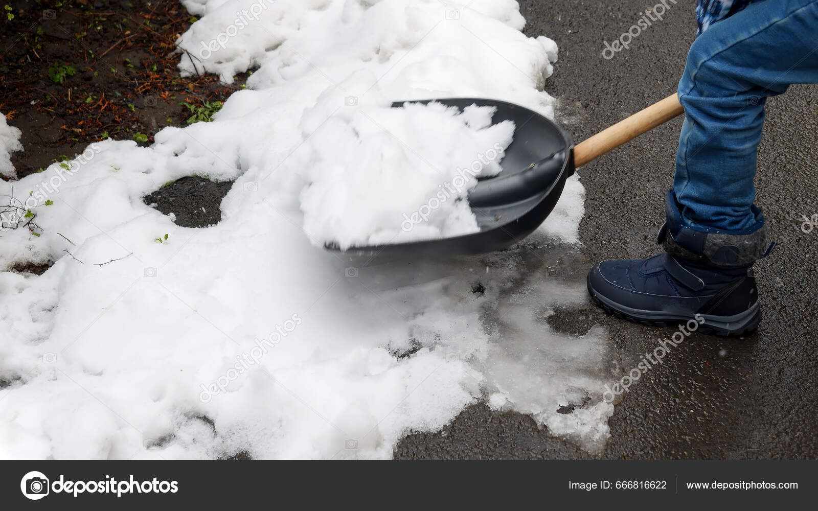 Little Boy Shown Clearing Backyard Walkway Snow Shovel Snowstorm ...