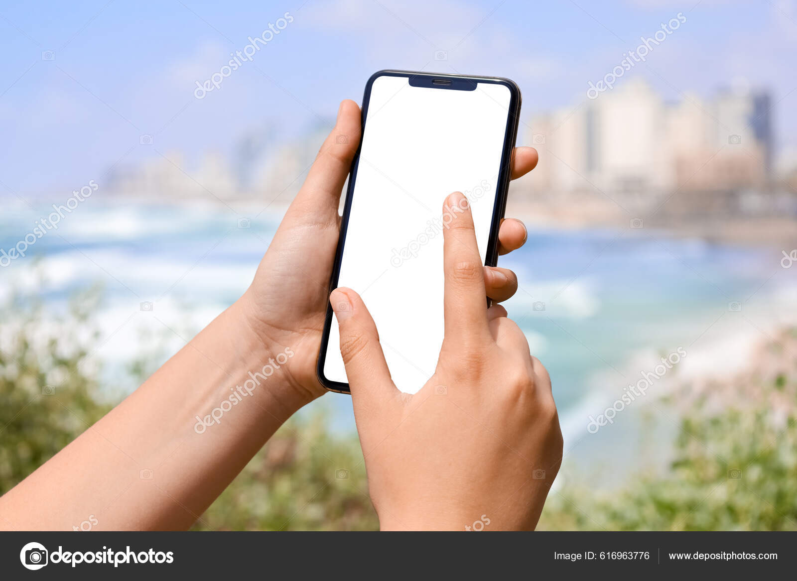 Woman Using Mobile Phone Sea Resort Closeup — Stock Photo © serezniy ...