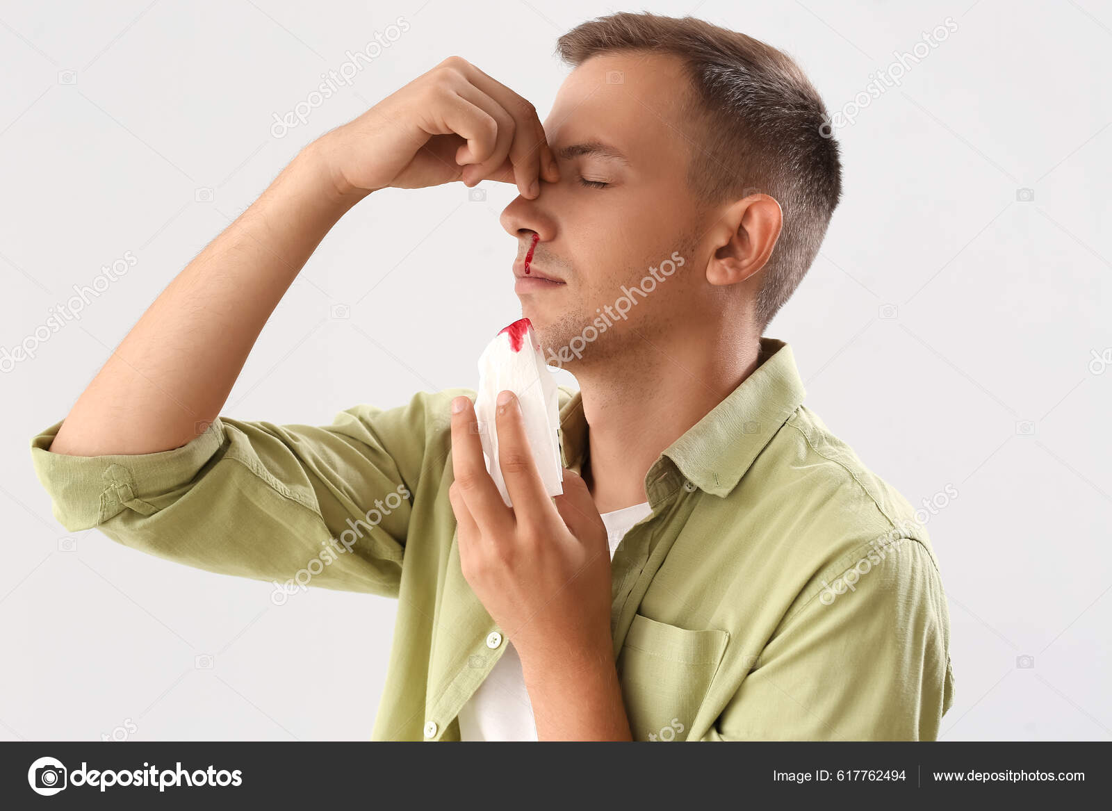 Young Man Nosebleed Tissue White Background Closeup — Stock Photo ...