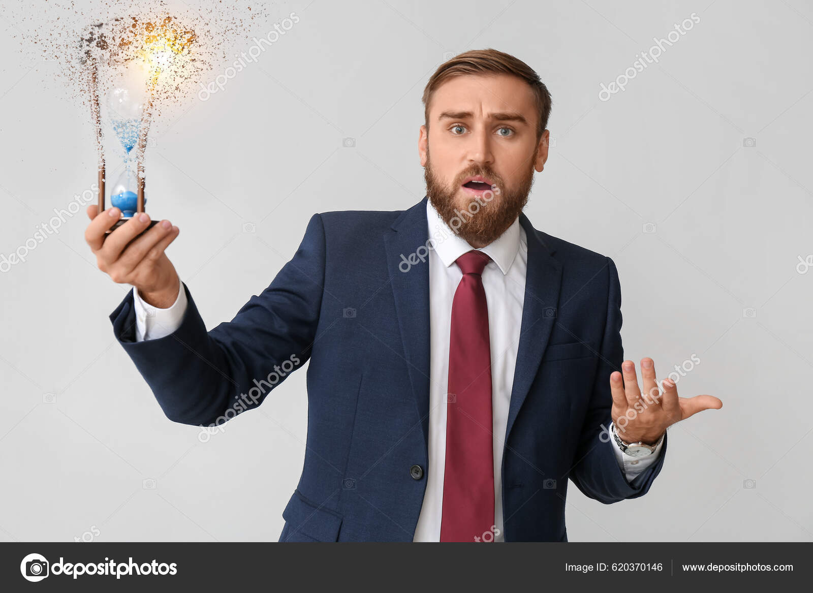 Worried Businessman Disappearing Hourglass Light Background — Stock ...