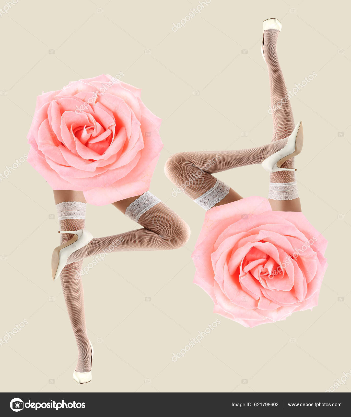 Collage Rose Flowers Legs Young Women White Stockings Light Background ...