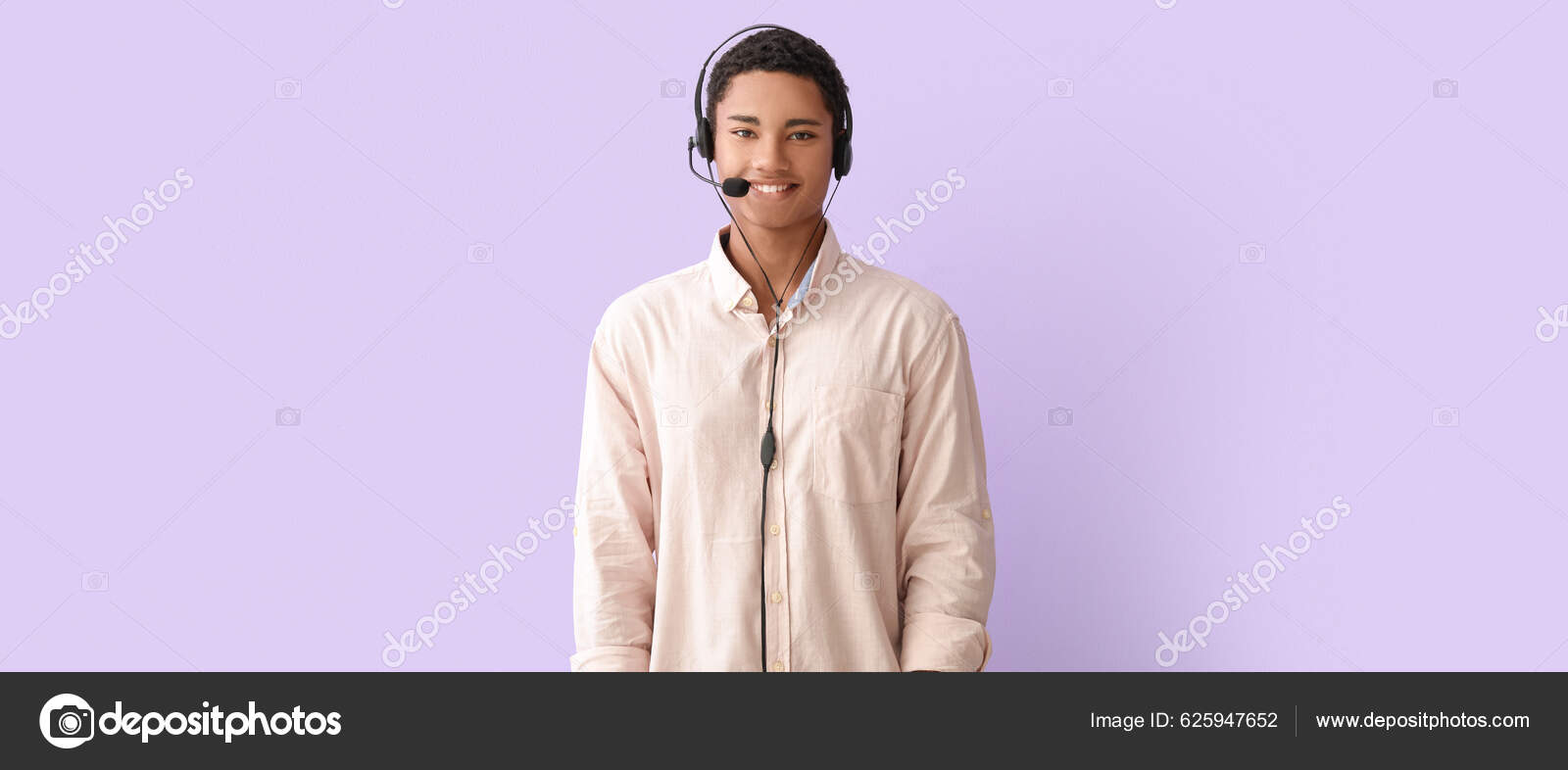 African American Technical Support Agent Lilac Background — Stock Photo ...