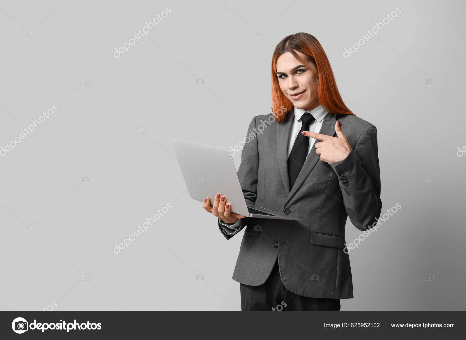 Beautiful Transgender Secretary Pointing Laptop Grey Background Stock ...