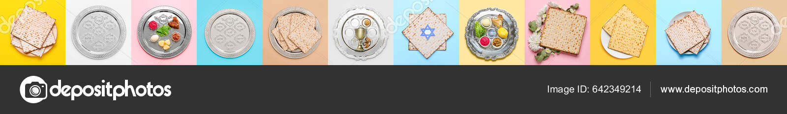 Collage Jewish Flatbread Matza Passover Seder Plates Color Background ...