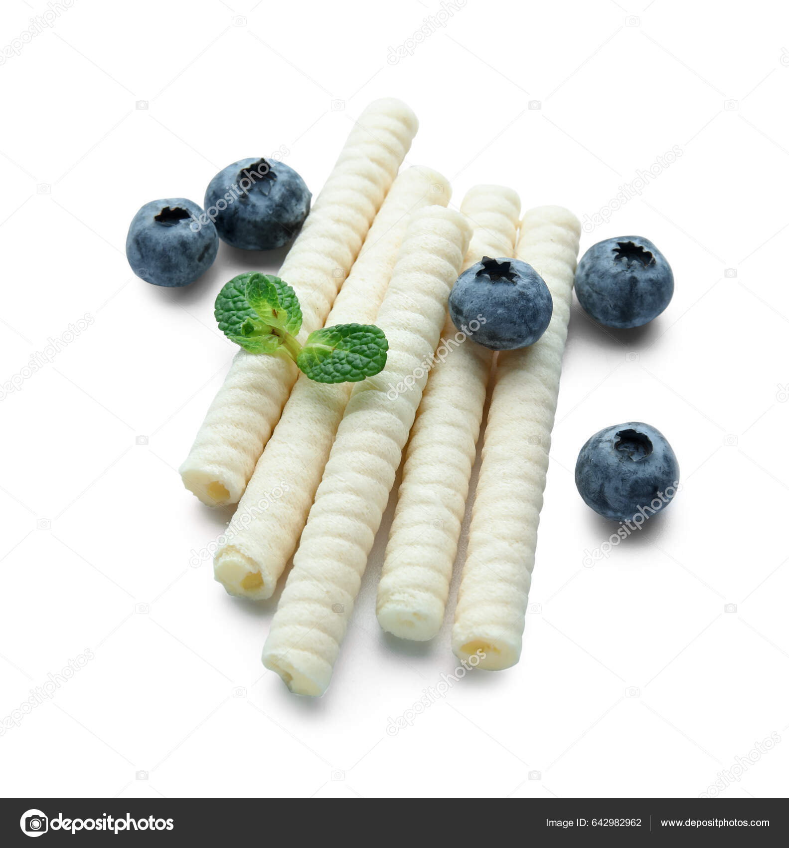 Delicious Wafer Rolls Blueberries Mint Isolated White Background Stock ...