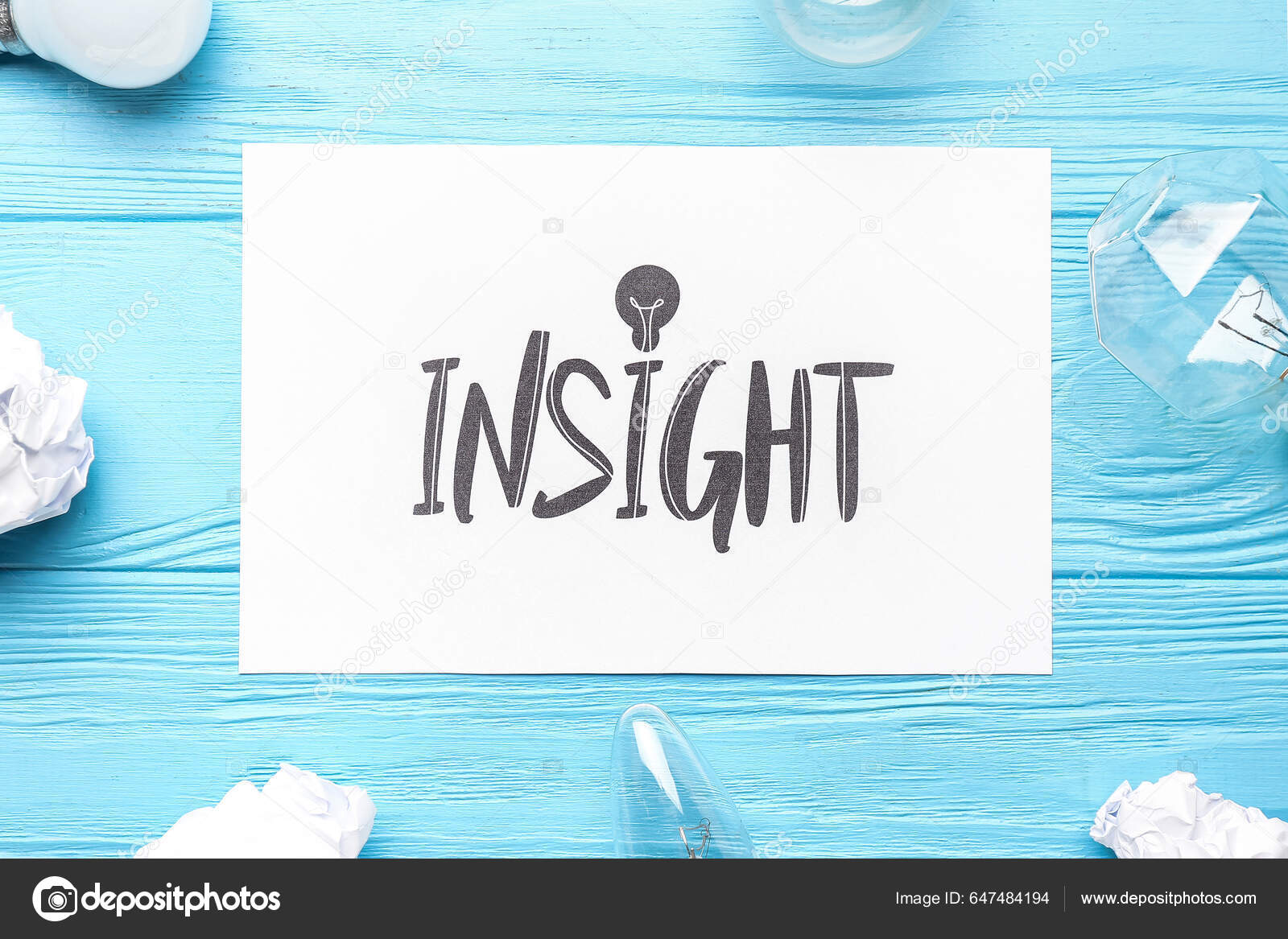 Word Insight Crumpled Paper Light Bulbs Blue Wooden Background Stock ...