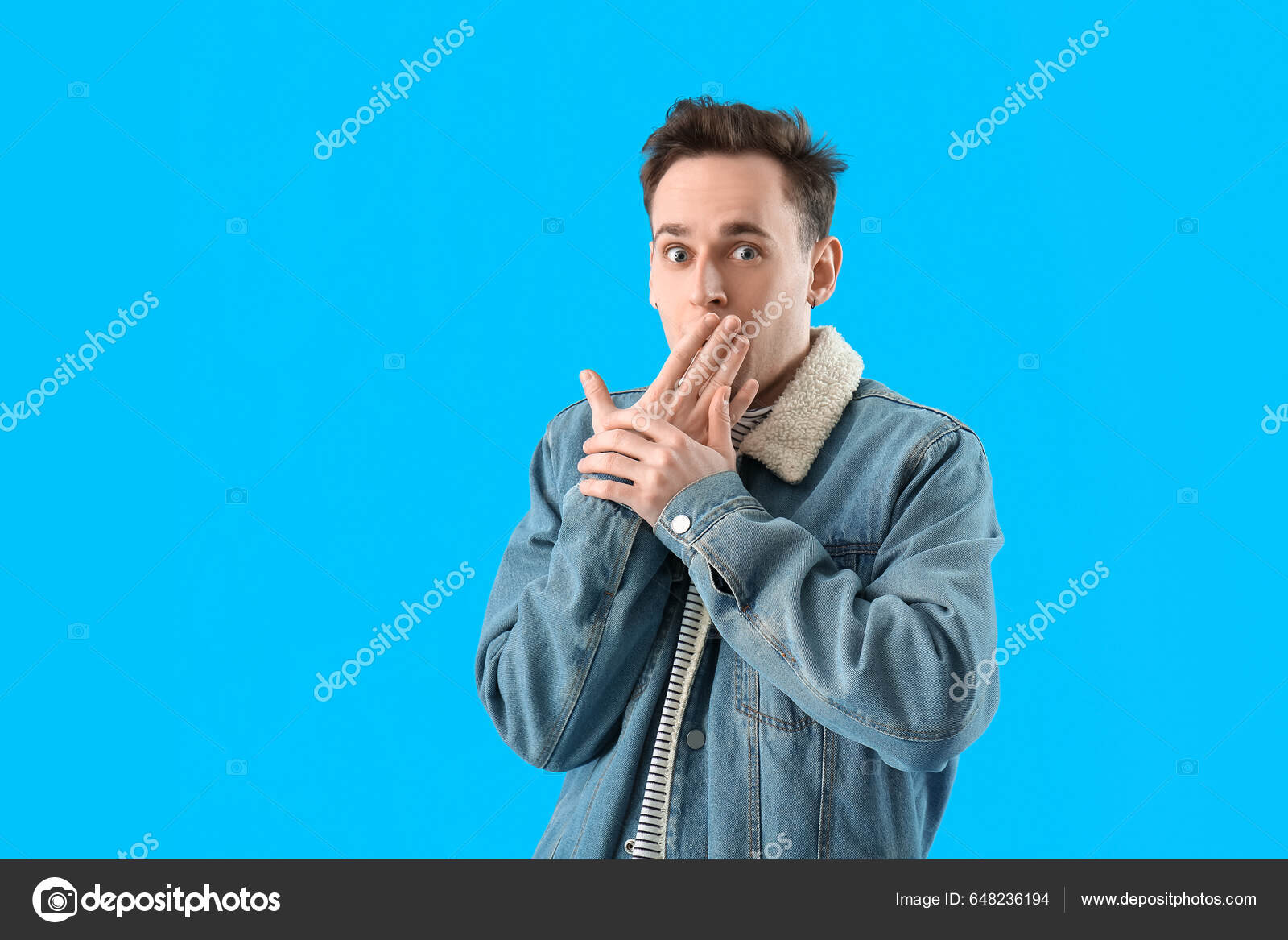 Scared Young Man Light Blue Background — Stock Photo © serezniy #648236194