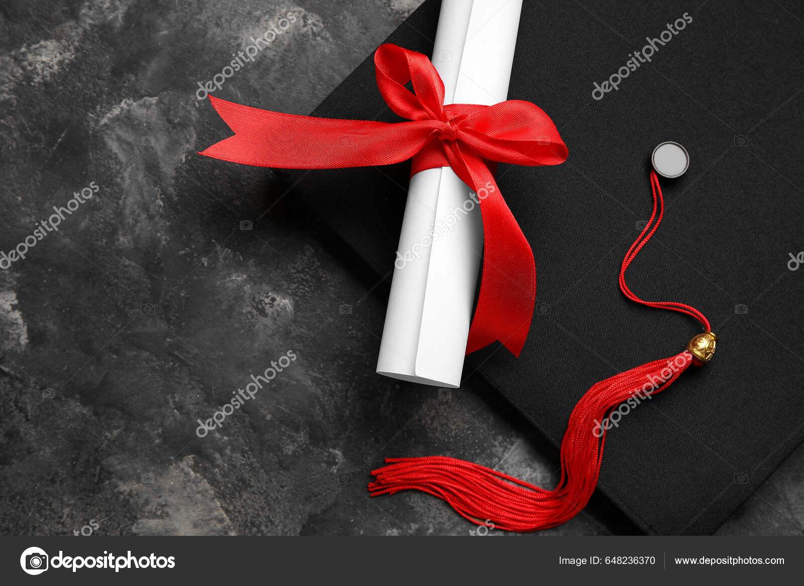 Diploma Red Ribbon Graduation Hat Dark Grey Table — Stock Photo ...