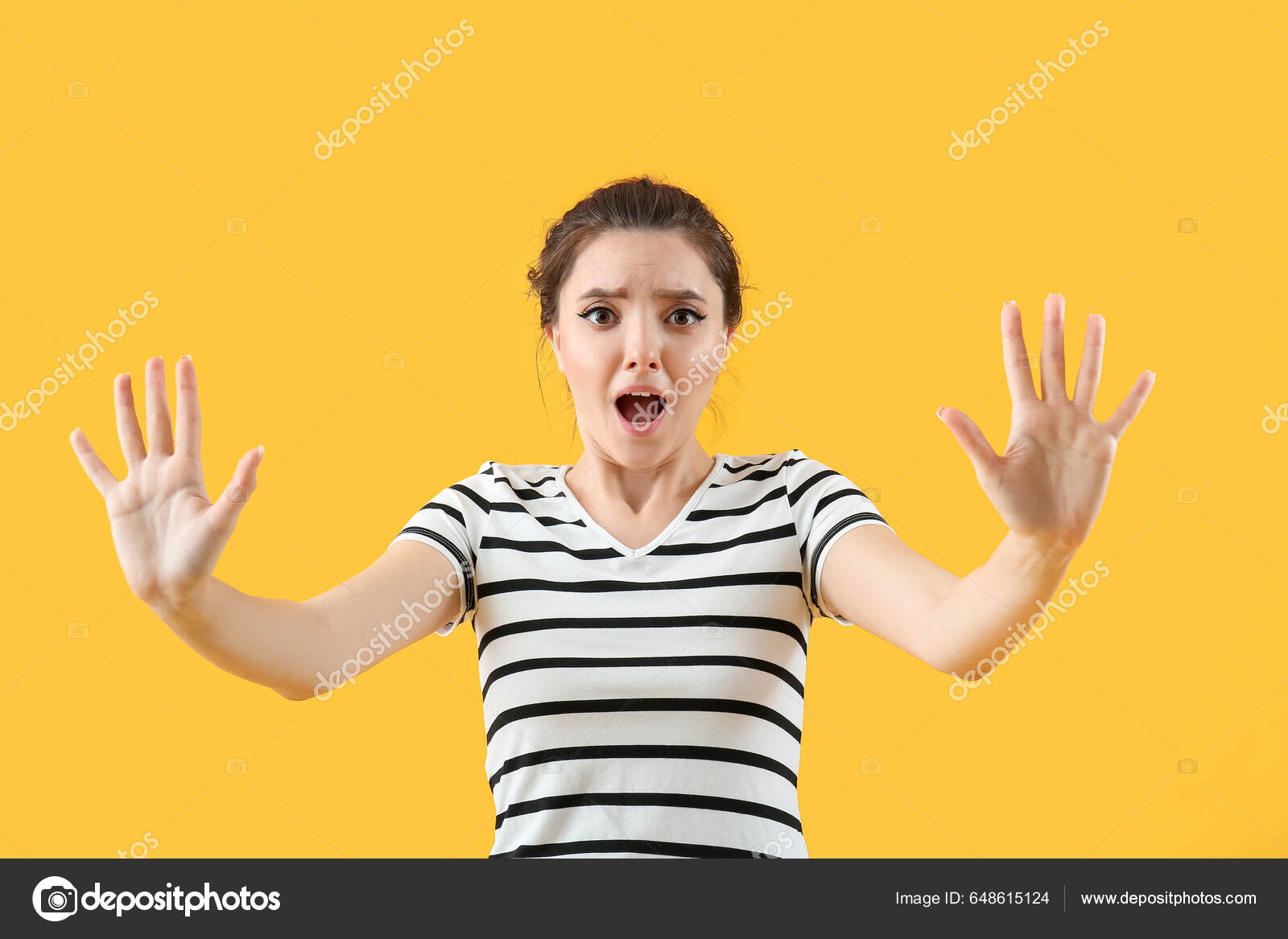 Scared Young Woman Yellow Background — Stock Photo © serezniy #648615124