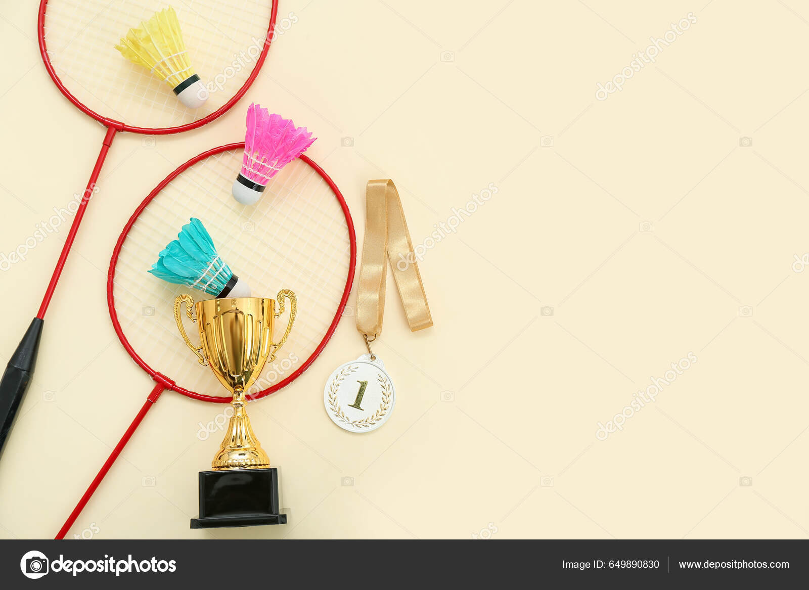 Gold Cup First Place Medal Badminton Equipment Yellow Background ...