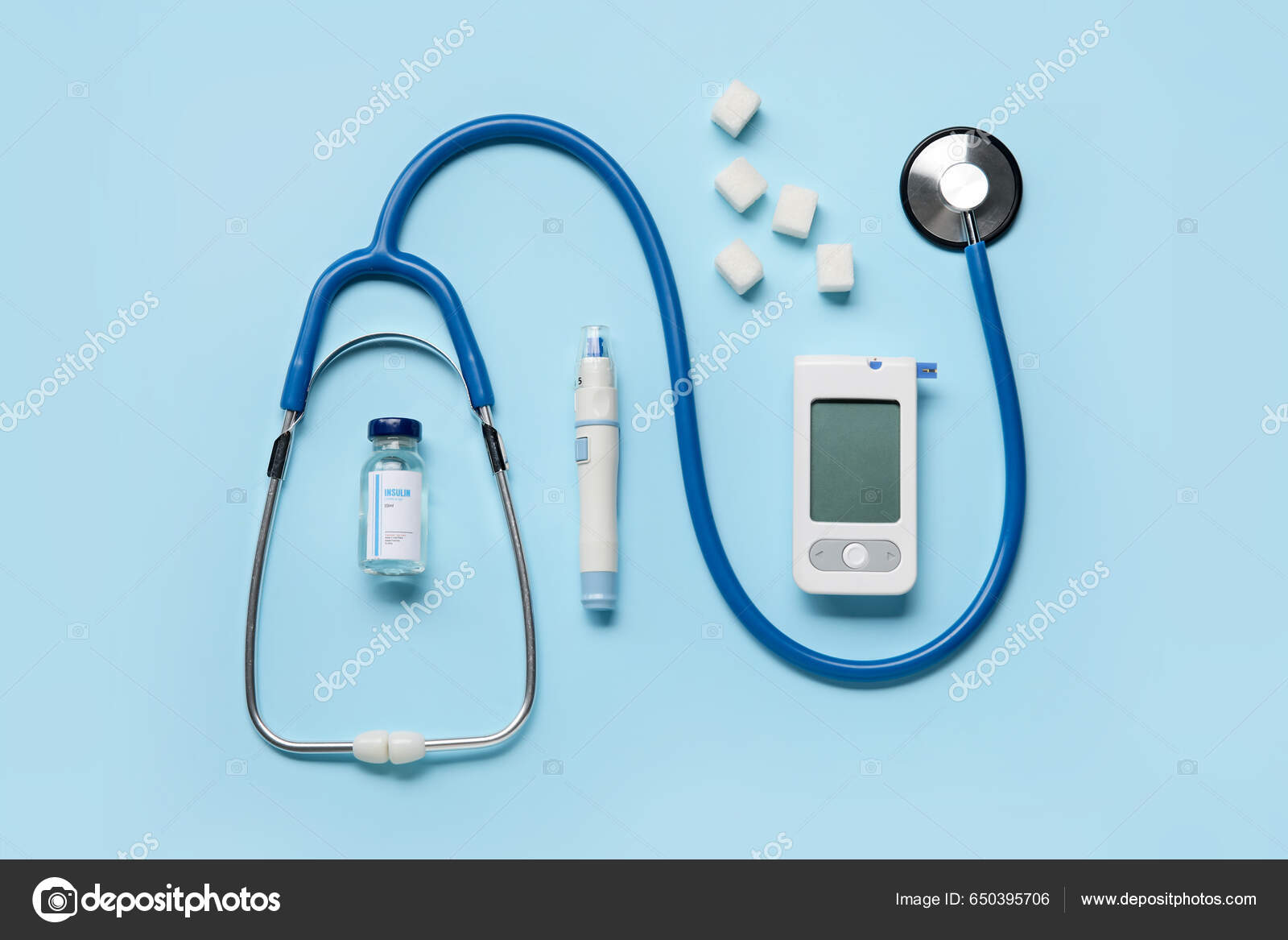 Glucometer Lancet Pen Insulin Sugar Stethoscope Blue Background ...