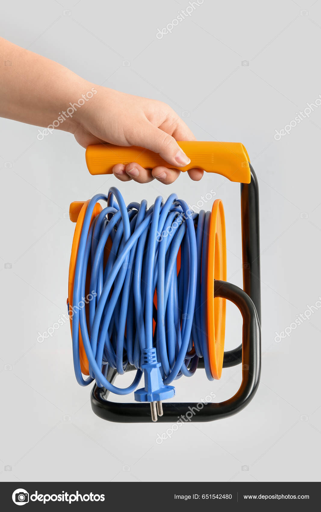 Female Hand Extension Electric Cable Reel Isolated White Background ...