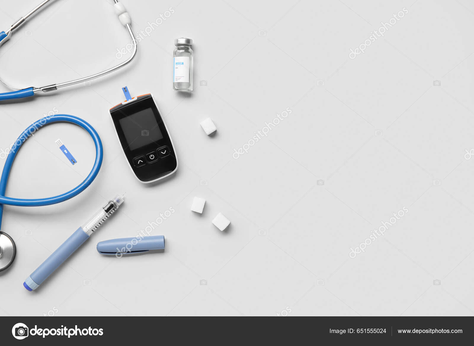 Glucometer Sugar Insulin Stethoscope Grey Background Diabetes Concept ...