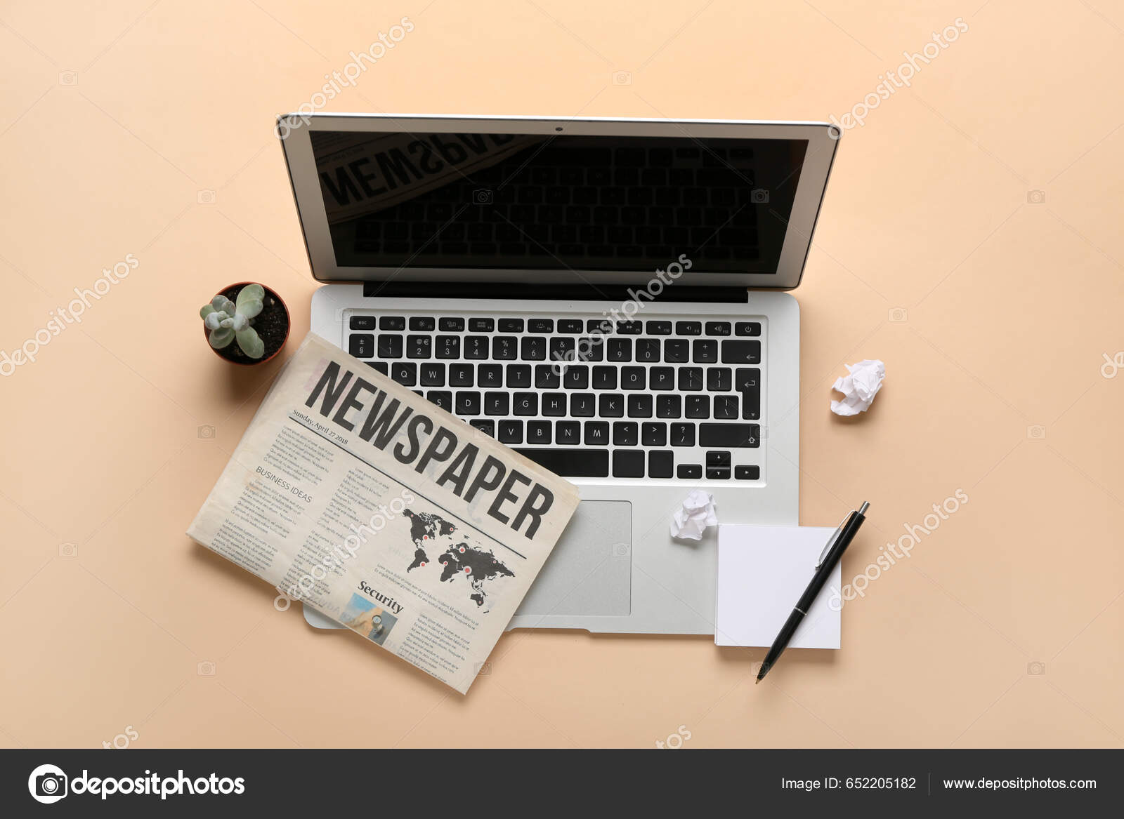 Laptop Newspaper Pen Sticky Notes Beige Background Stock Photo by ...