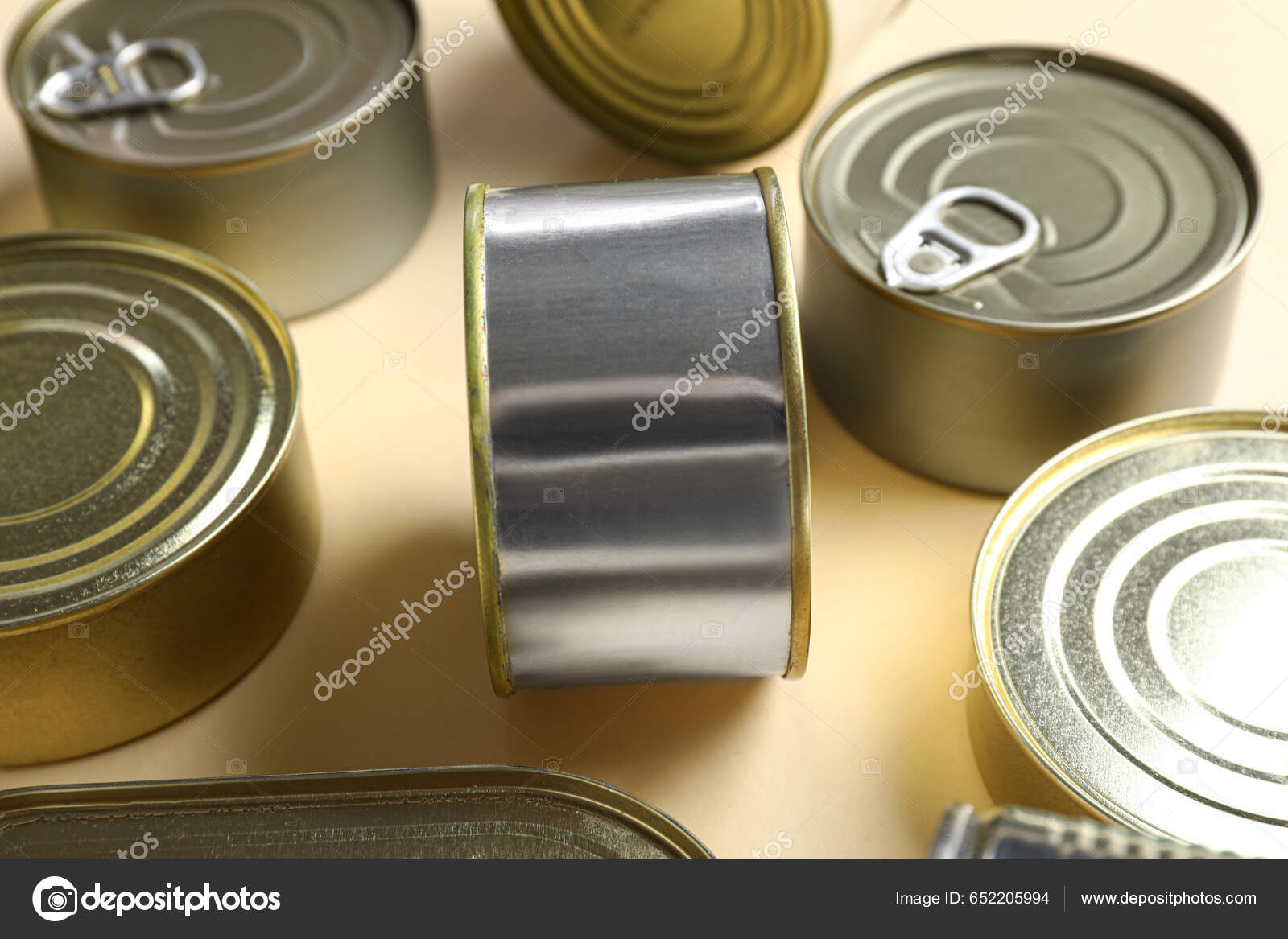 Tin Cans Fish Beige Background Closeup — Stock Photo © serezniy #652205994