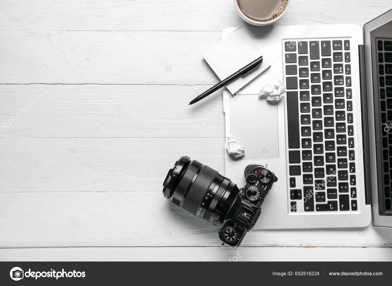 Laptop Sticky Notes Photo Camera Crumpled Paper Coffee Cup White Stock ...