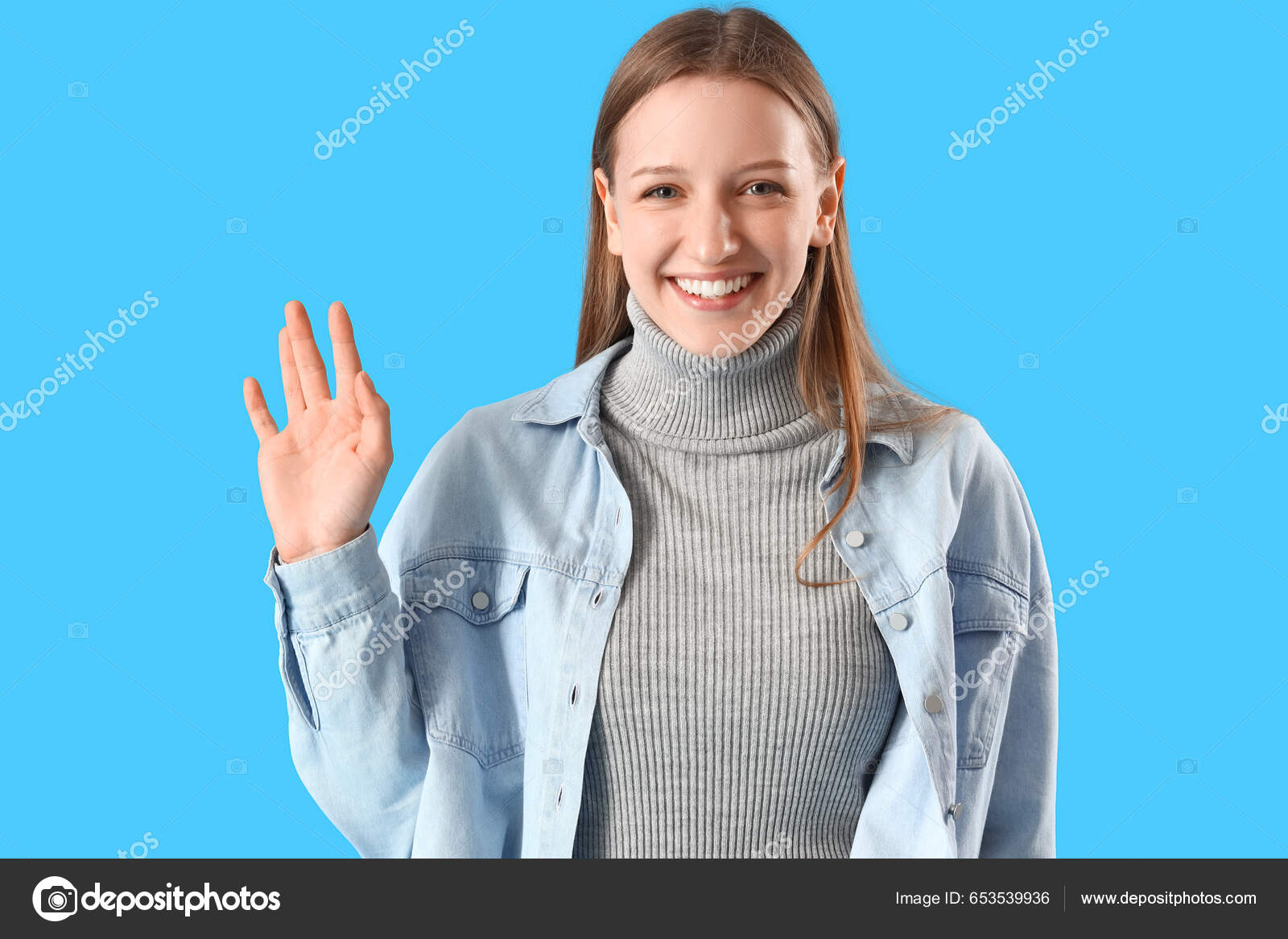 Female Student Waving Hand Blue Background — Stock Photo © serezniy ...
