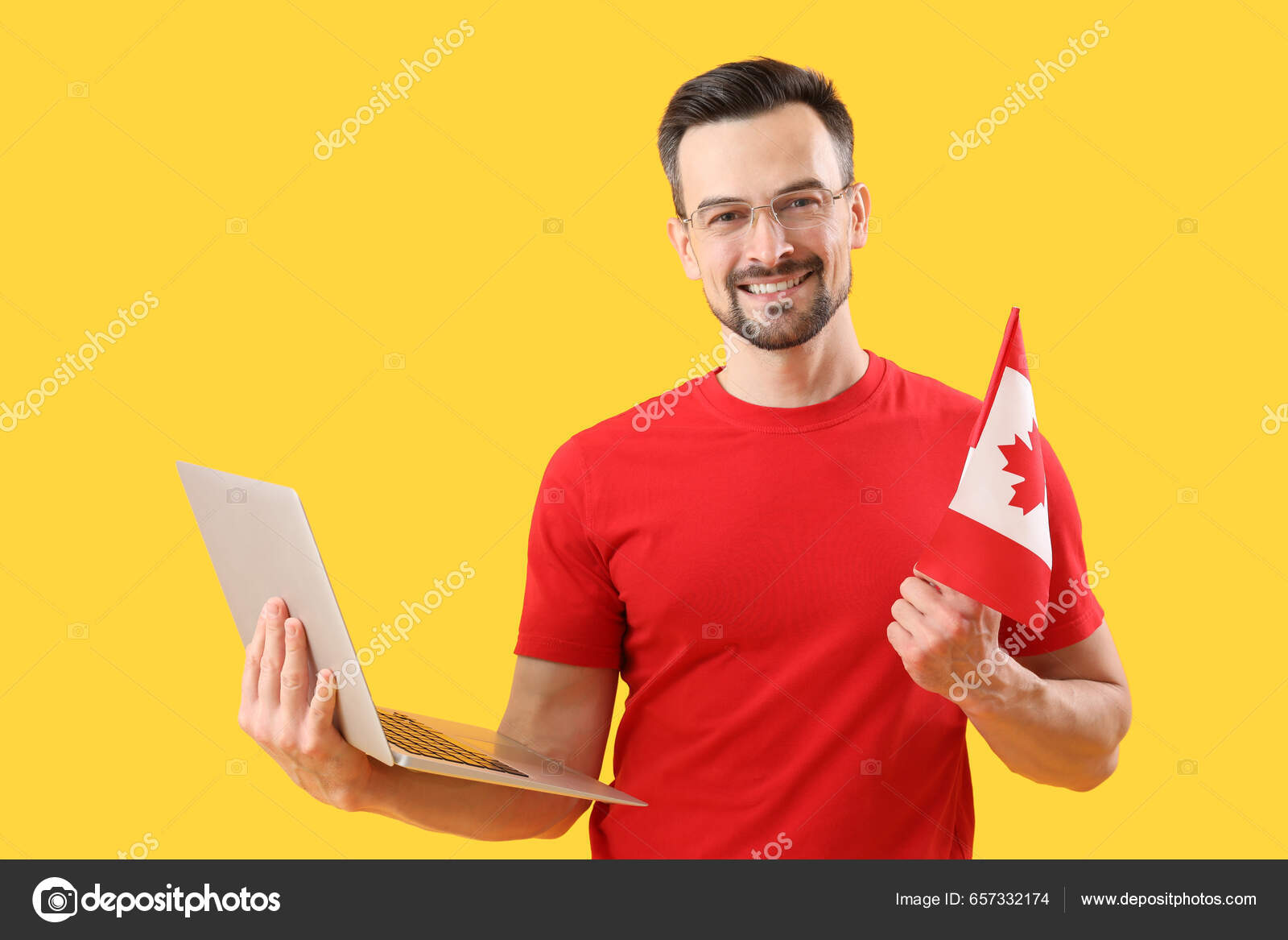 Handsome Man Flag Canada Laptop Yellow Background — Stock Photo ...