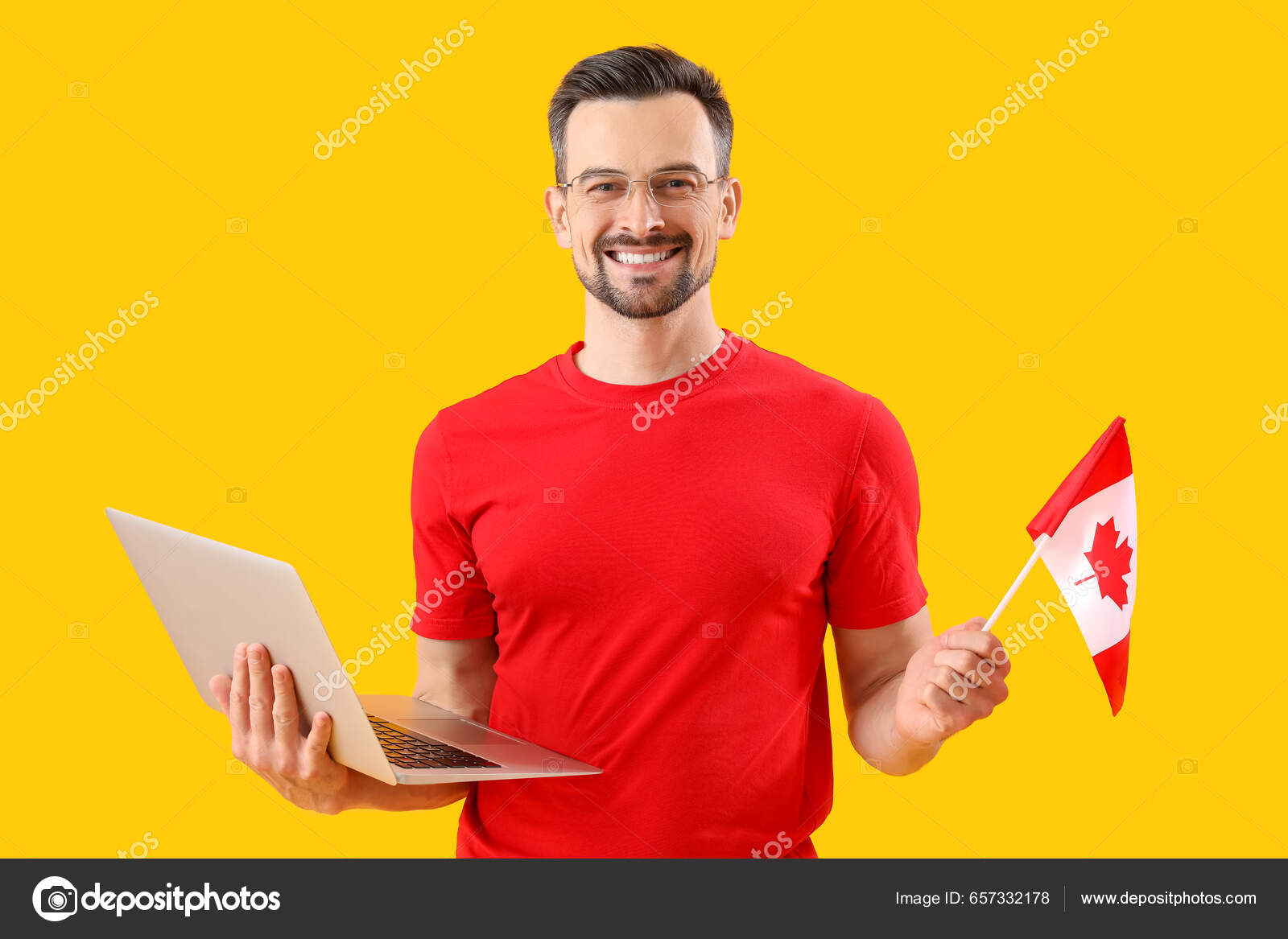 Handsome Man Flag Canada Yellow Background — Stock Photo © serezniy ...