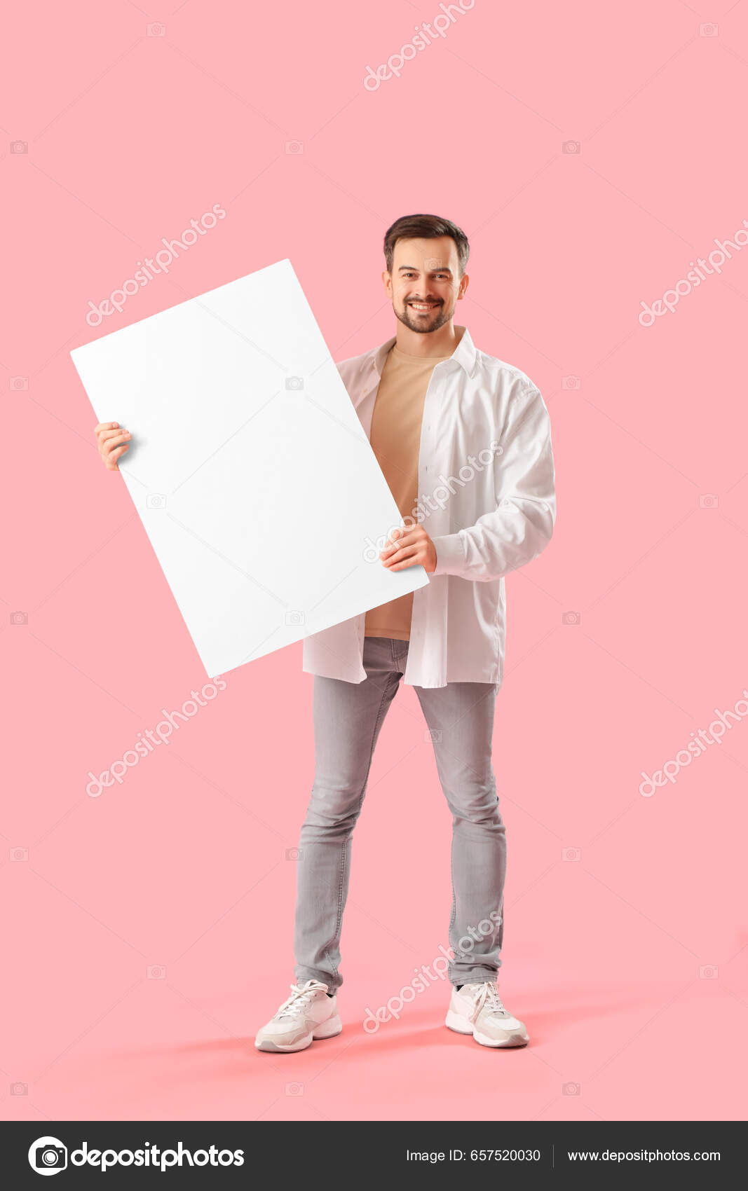Handsome Man Big Blank Poster Pink Background Stock Photo by ©serezniy ...