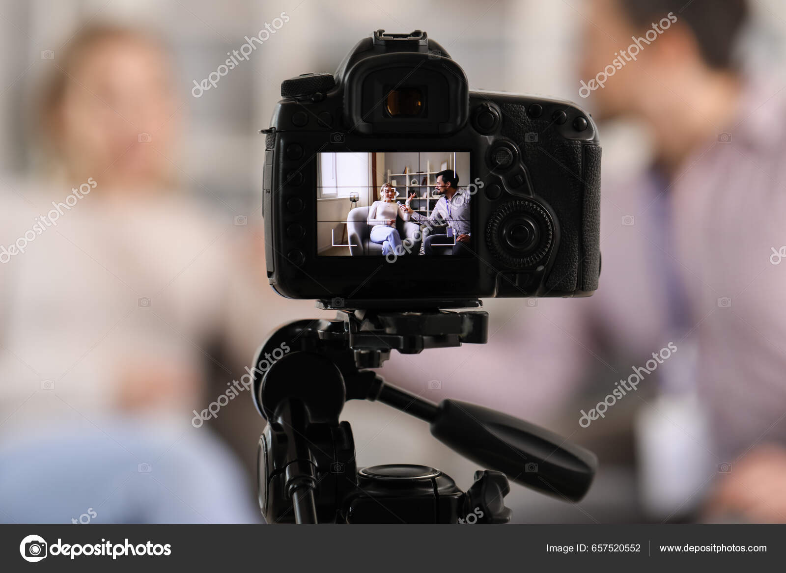 Male Journalist Microphone Having Interview Woman Camera Screen Studio ...