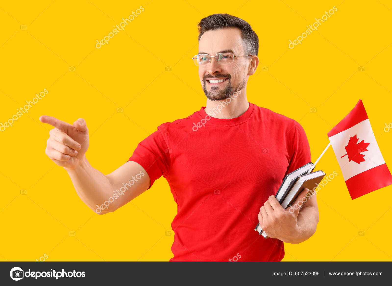 Handsome Man Flag Canada Books Pointing Something Yellow Background ...