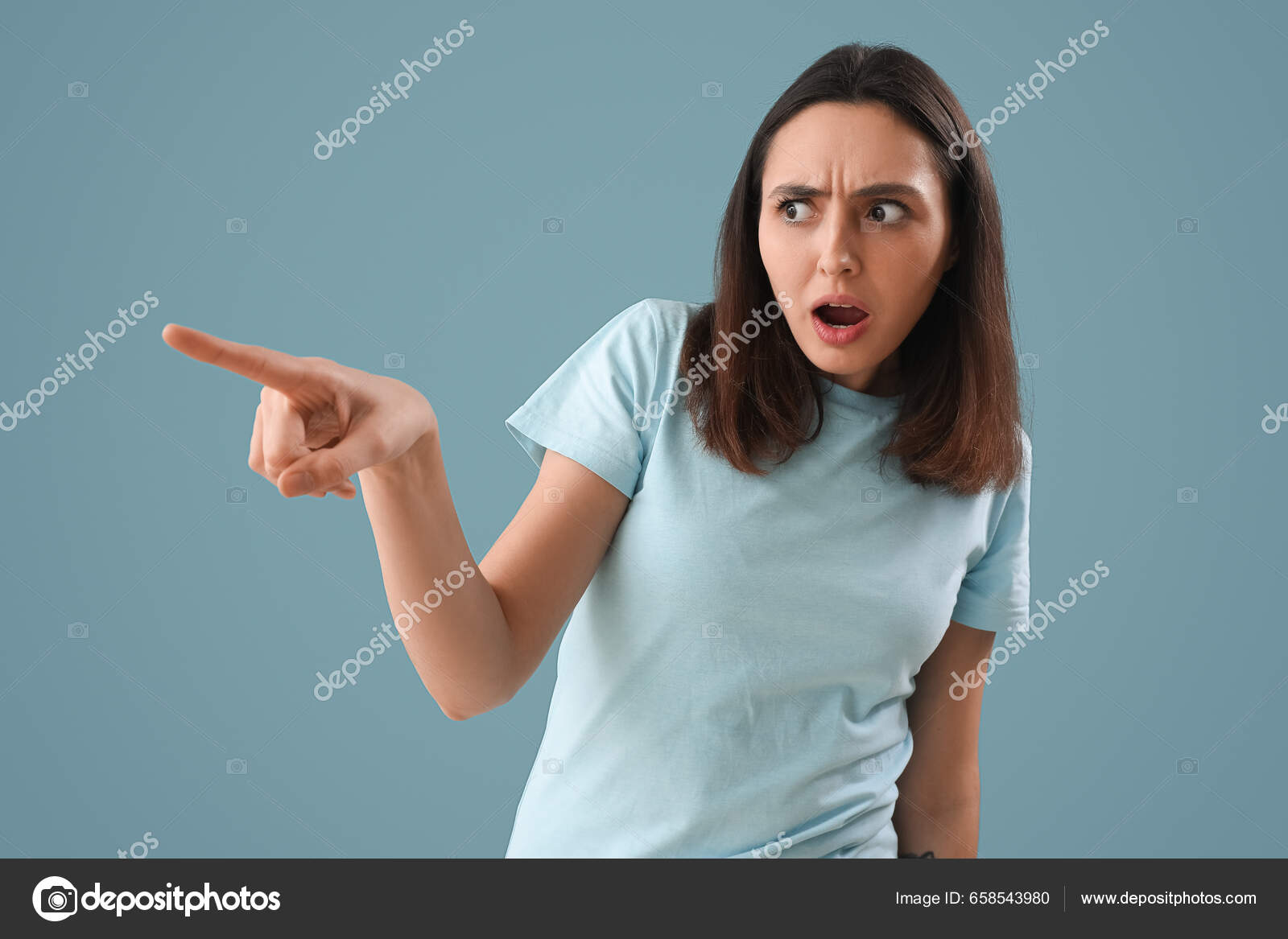 Shocked Young Woman Pointing Something Blue Background — Stock Photo ...