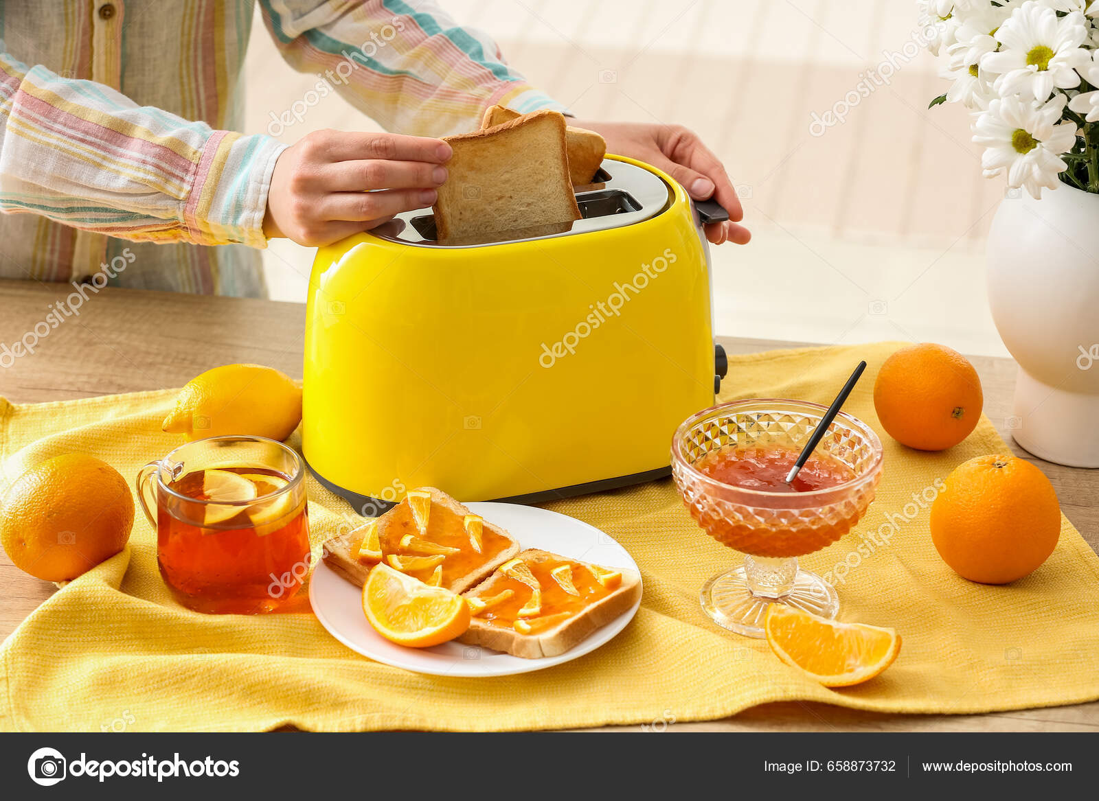 Woman Taking Crispy Bread Slice Modern Toaster Table Cup Tea — Stock Photo © serezniy #658873732