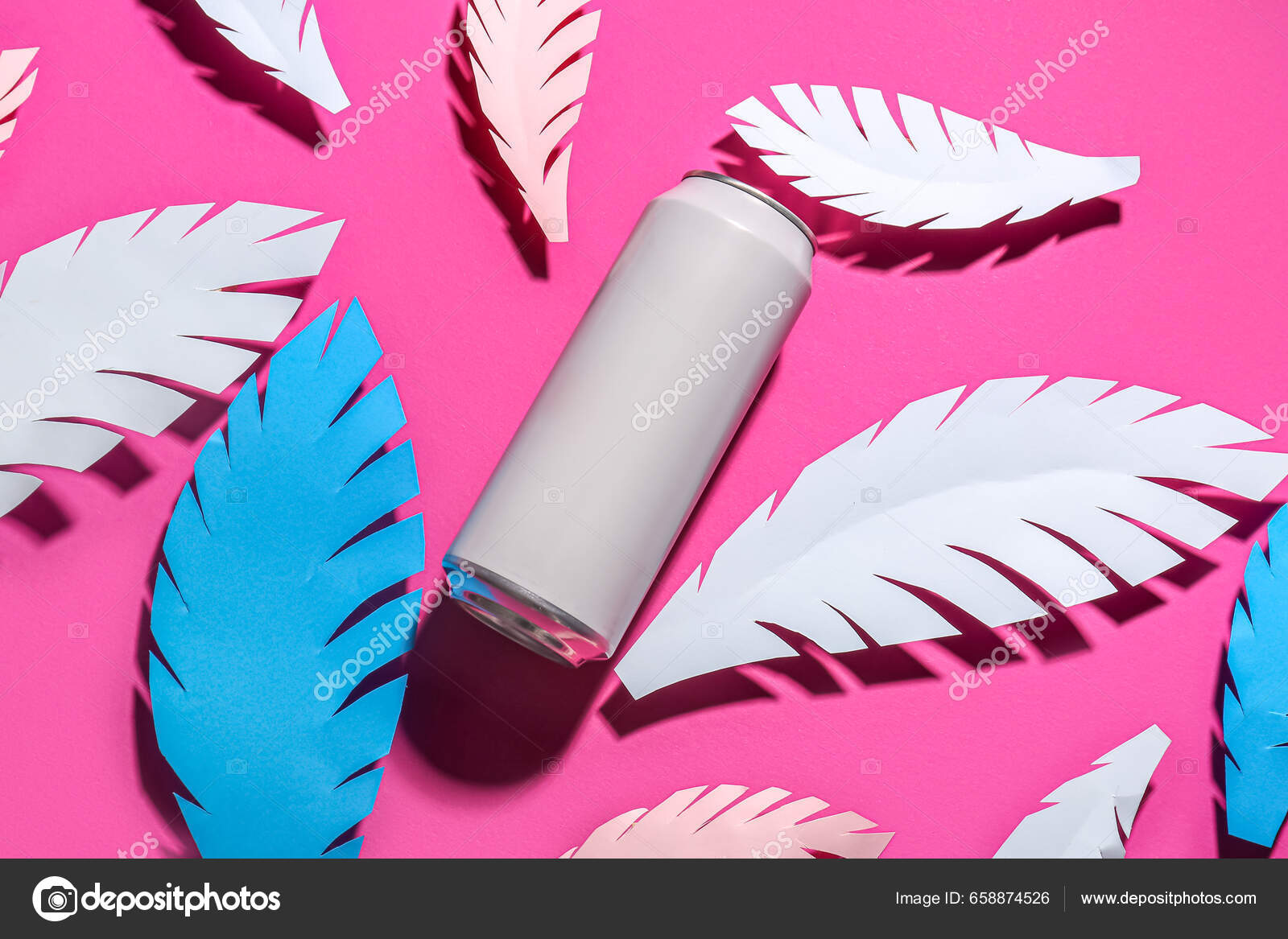 Composition Can Fresh Soda Paper Leaves Pink Background Stock Photo by ...