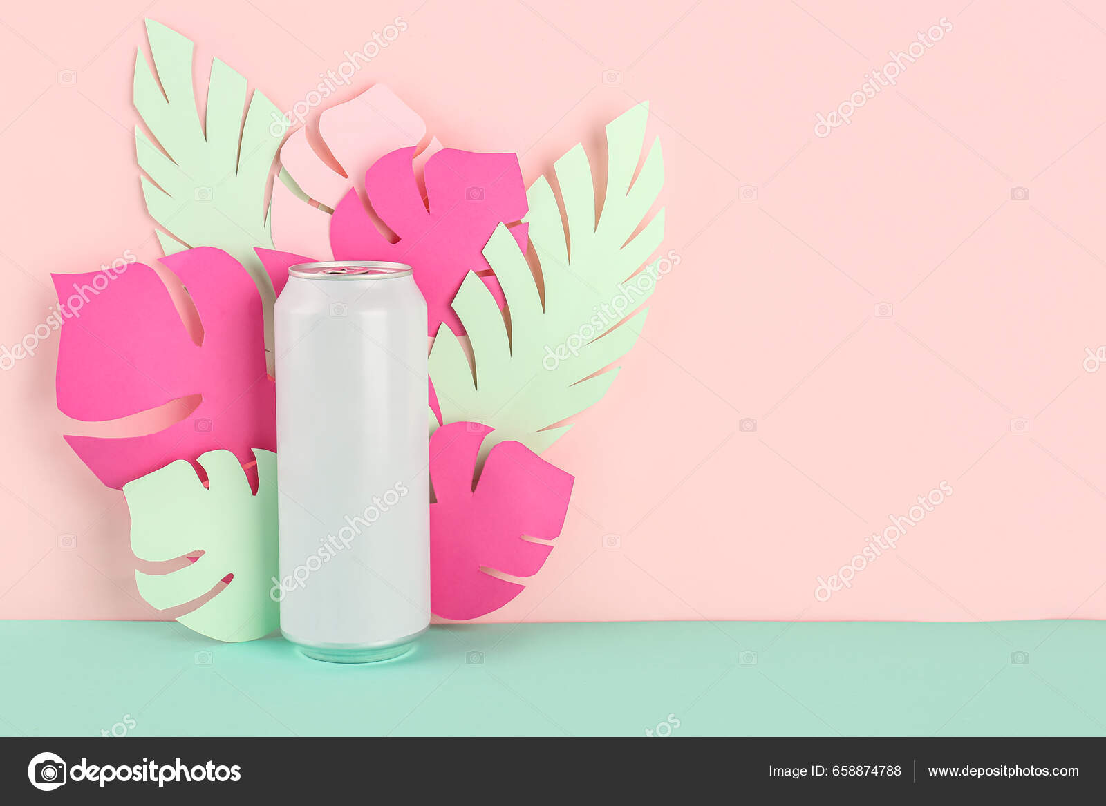 Composition Can Fresh Soda Paper Leaves Color Background Stock Photo by ...