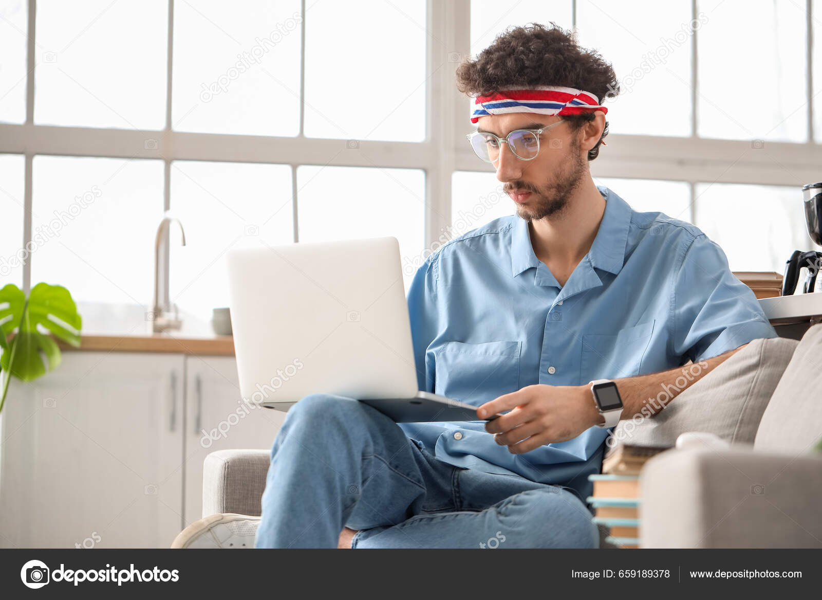 Male Student Studying Laptop Home — Stock Photo © serezniy #659189378
