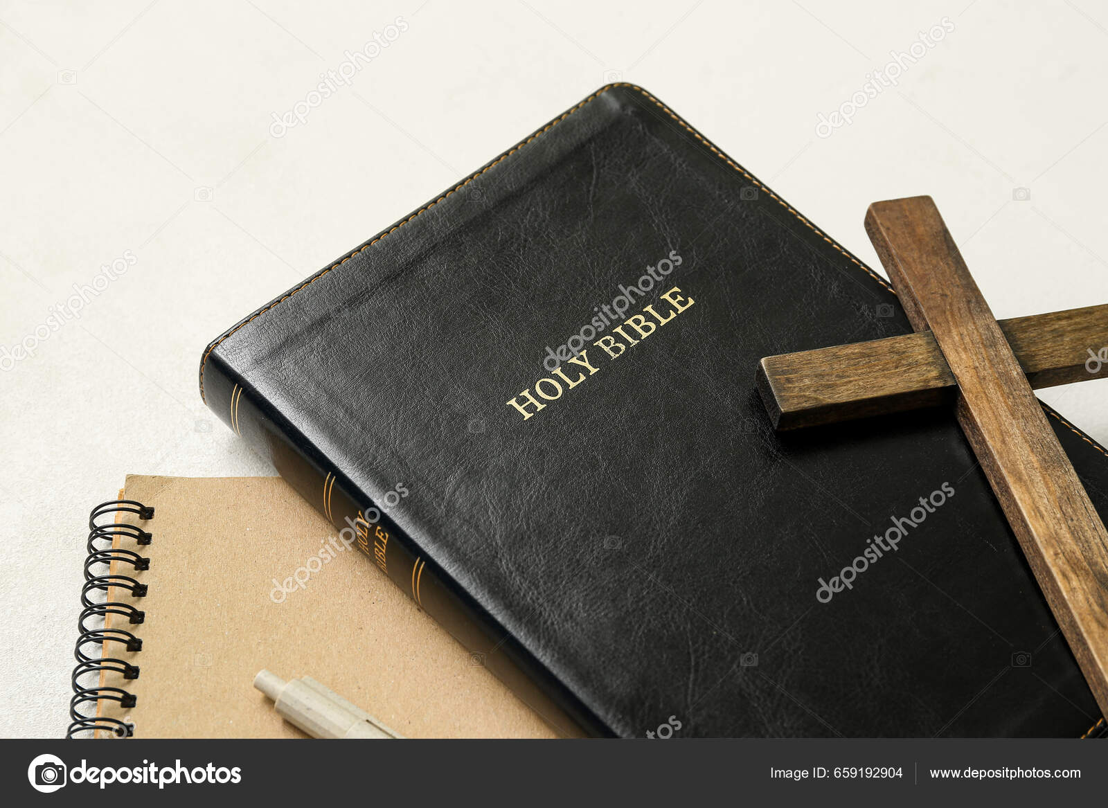 Holy Bible Wooden Cross Notebook White Background — Stock Photo ...