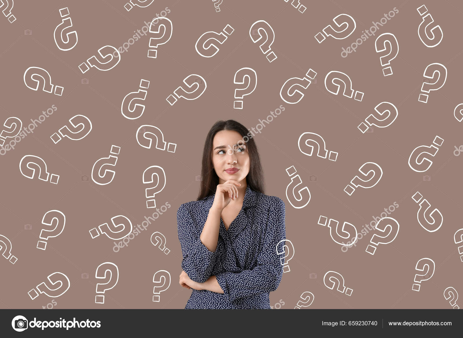 Thoughtful Young Woman Drawn Question Marks Brown Background — Stock ...