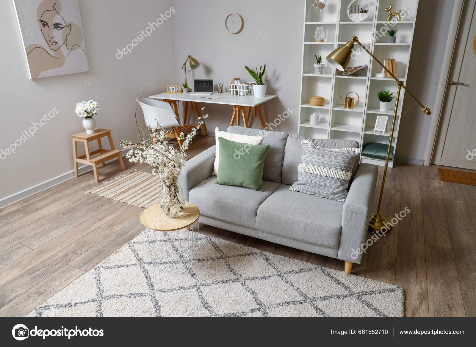 Interior Living Room Grey Sofa Blossoming Tree Branches Coffee Table ...