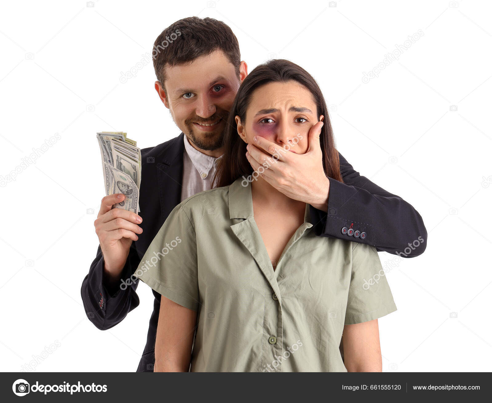 Young Man Money Shutting His Wife's Mouth White Background Domestic ...