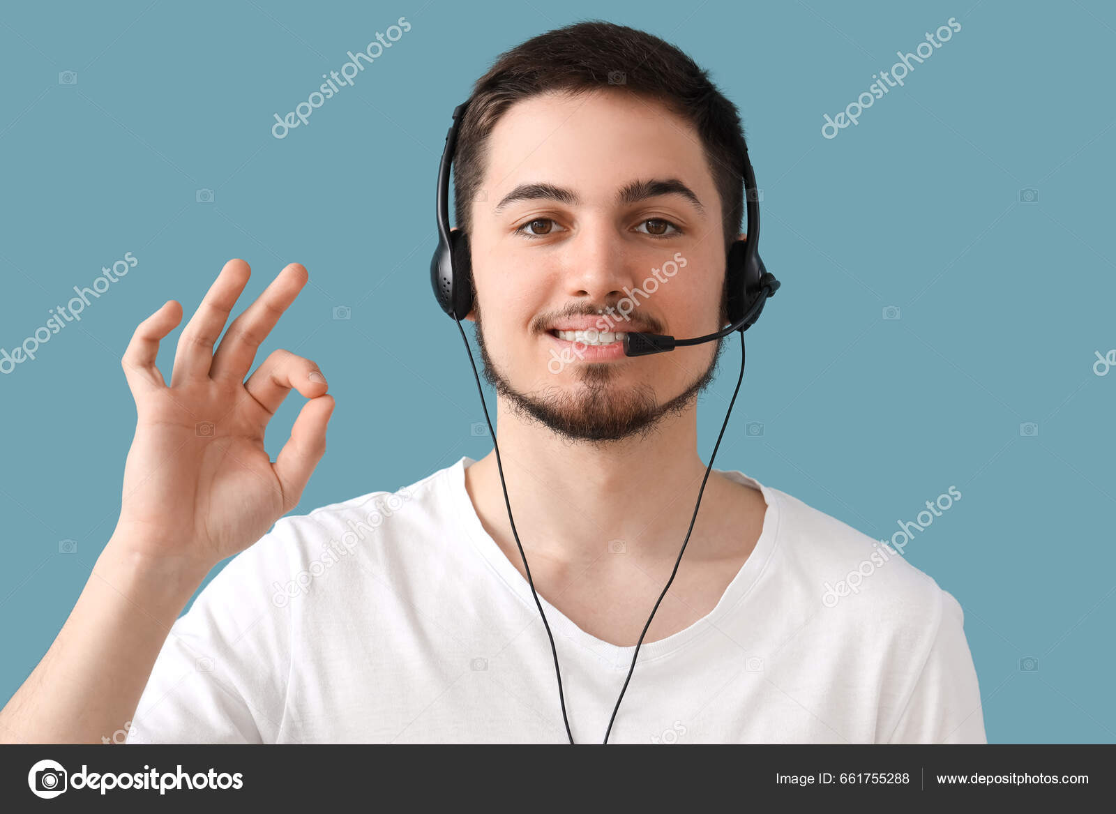 Male Technical Support Agent Showing Blue Background — Stock Photo ...
