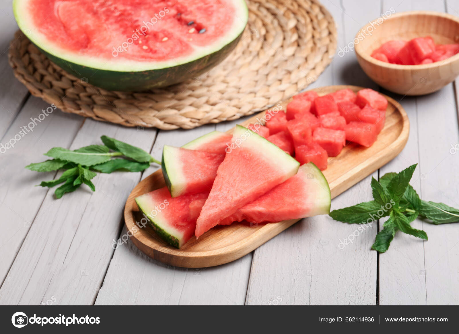 Board Bowl Pieces Fresh Watermelon Grey Wooden Background — Stock Photo ...