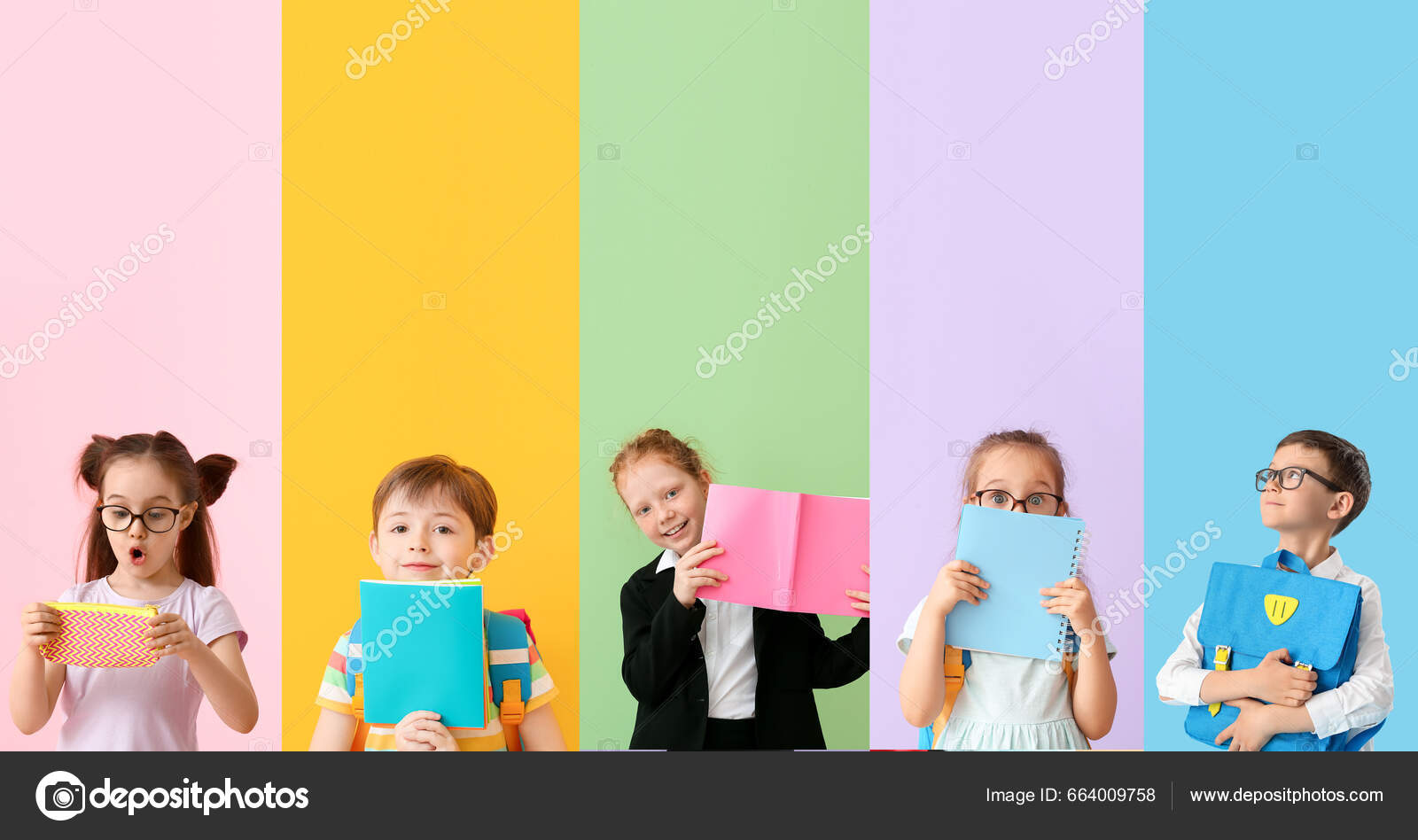 Set Cute Little Students Color Background — Stock Photo © serezniy ...