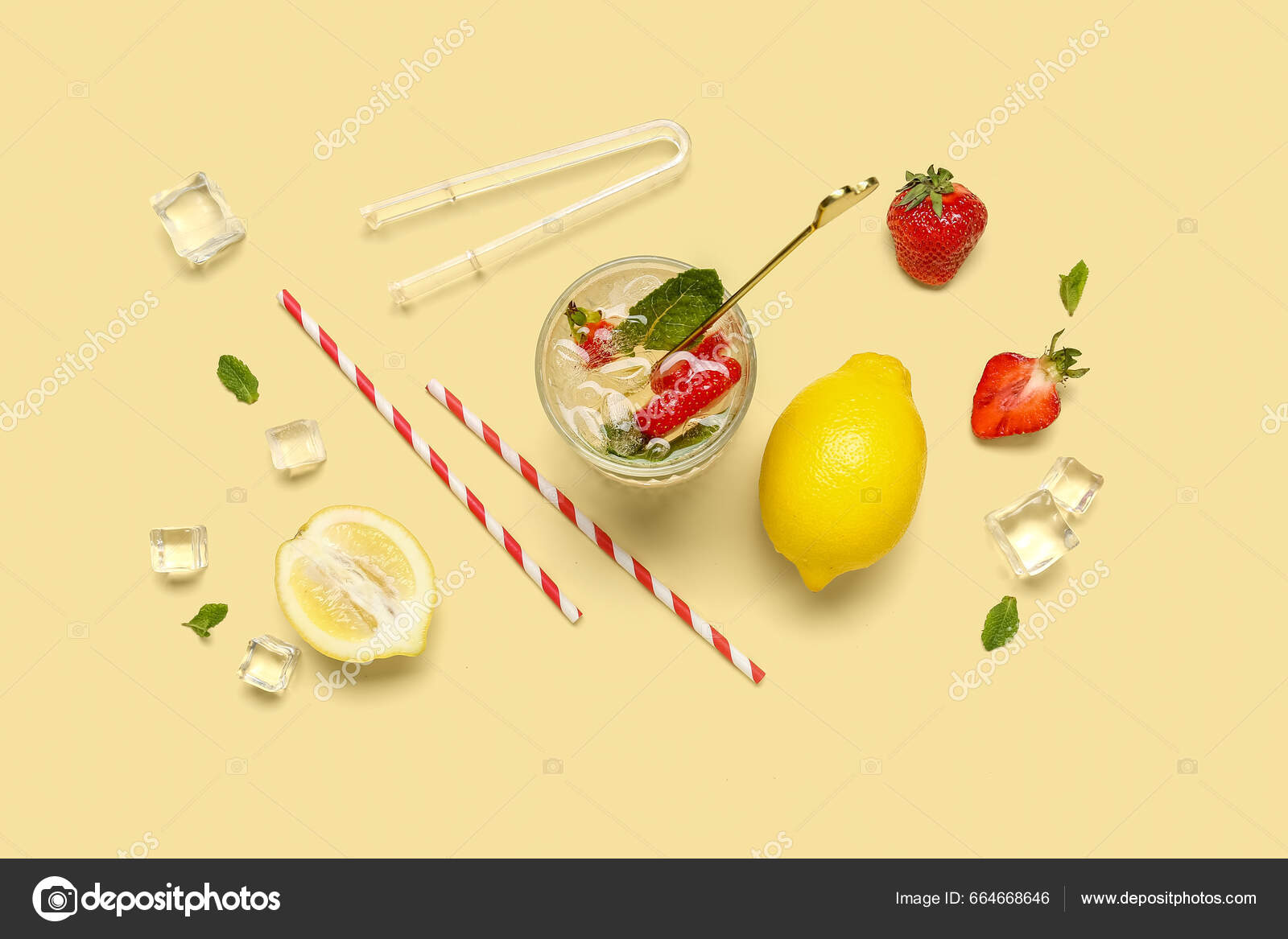 Glass Fresh Lemonade Strawberry Lemon Beige Background — Stock Photo ...