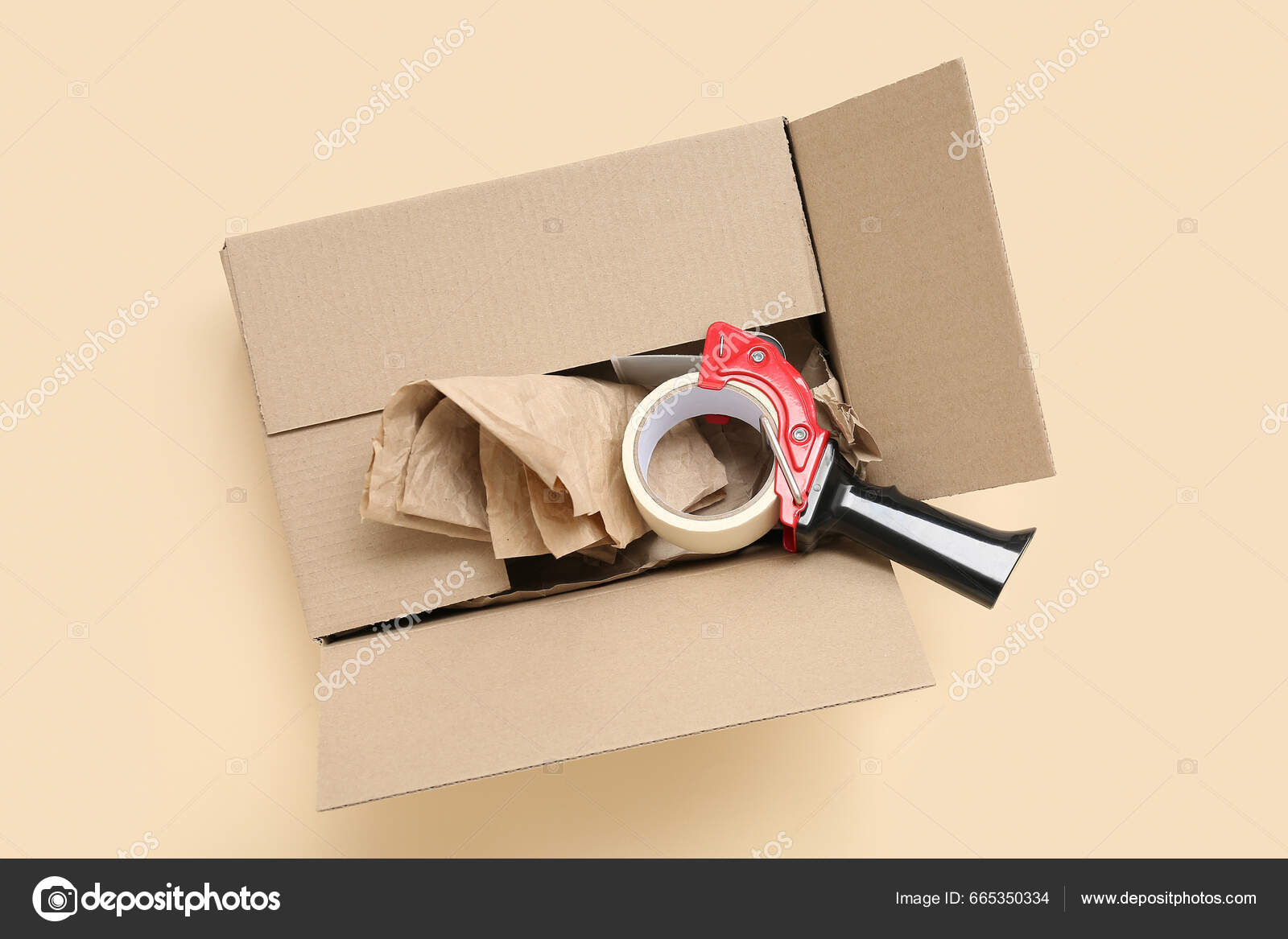 Packing Tape Dispenser Cardboard Box Beige Background — Stock Photo ...