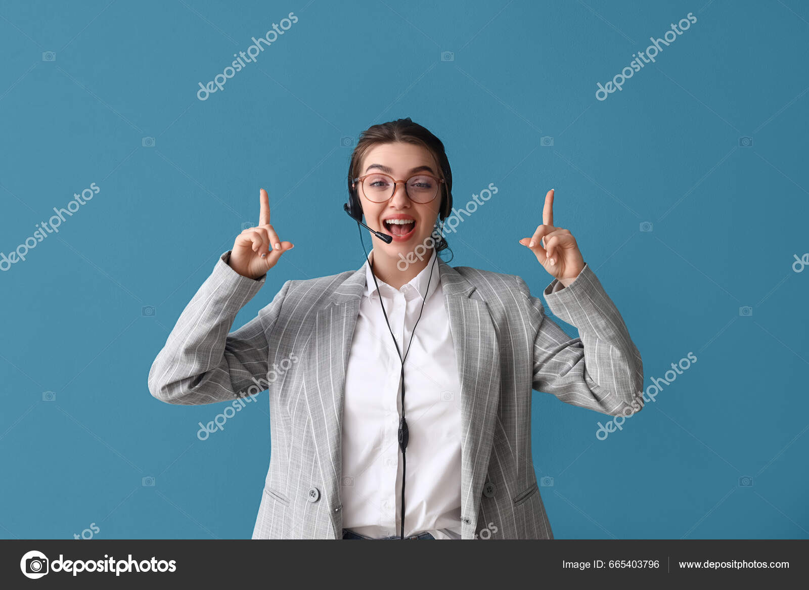 Female Technical Support Agent Pointing Something Blue Background ...