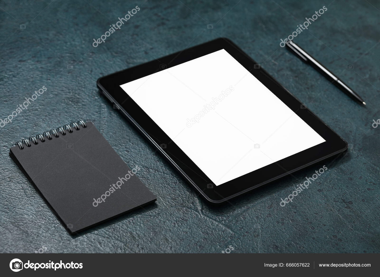Modern Tablet Computer Notebook Pen Dark Grey Table — Stock Photo ...