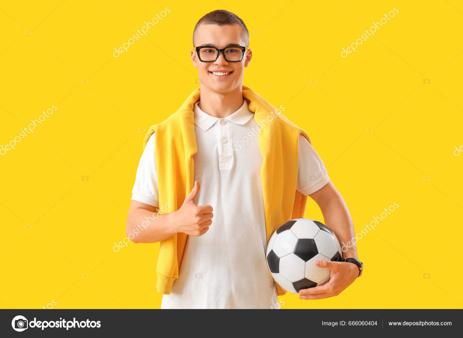 Male Student Soccer Ball Showing Thumb Yellow Background — Stock Photo ...