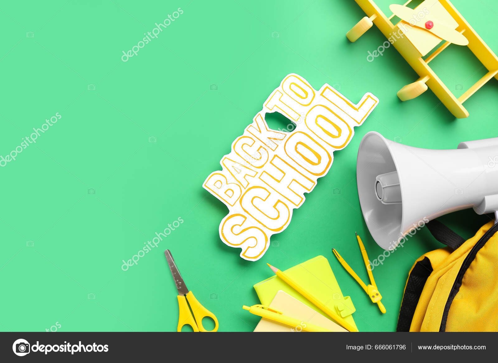 Backpack Stationery Megaphone Paper Text Back School Green Background — Stock Photo © serezniy ...