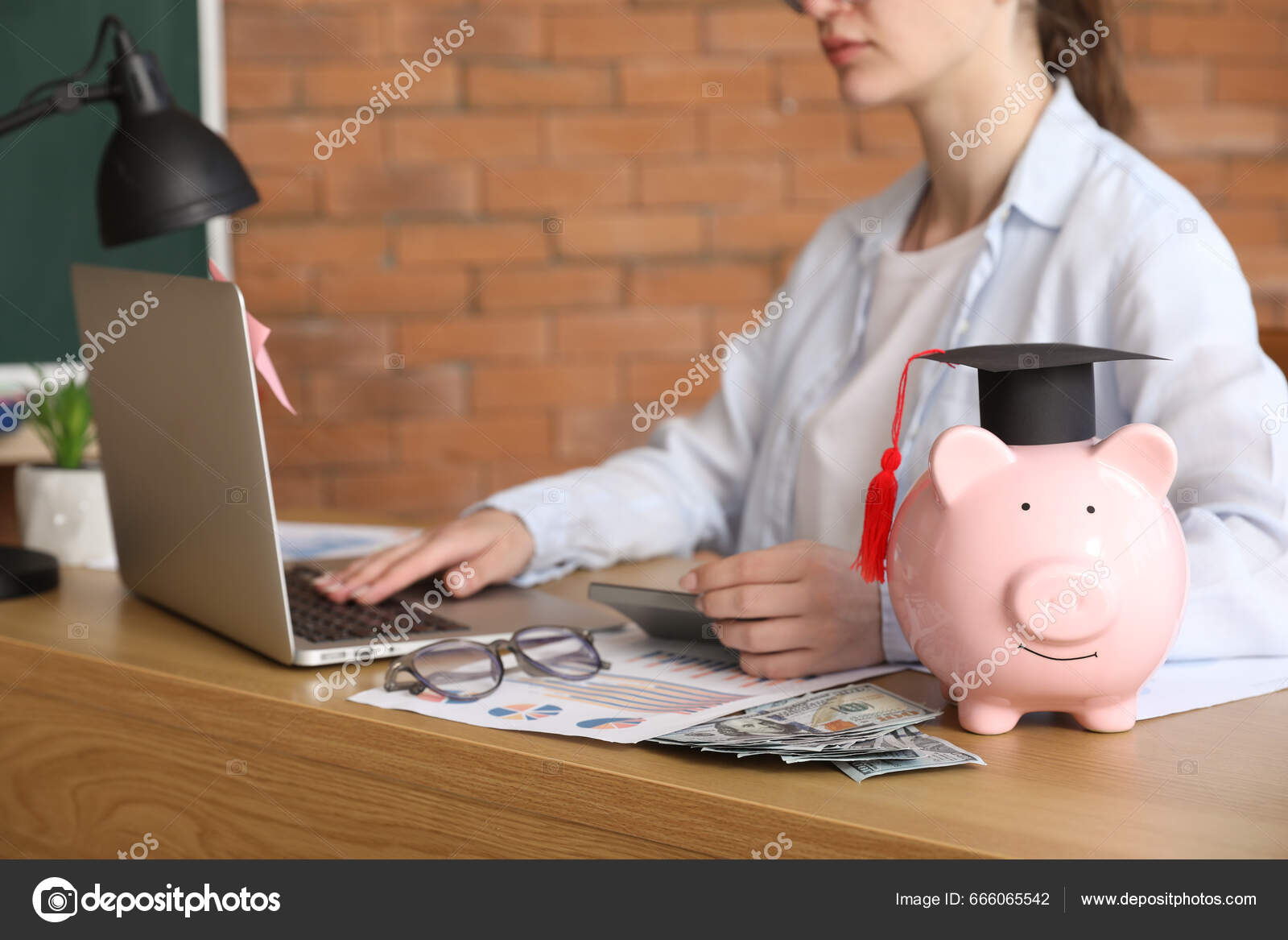 Female Student Sitting Table Piggy Bank Calculating Her Finances Laptop ...