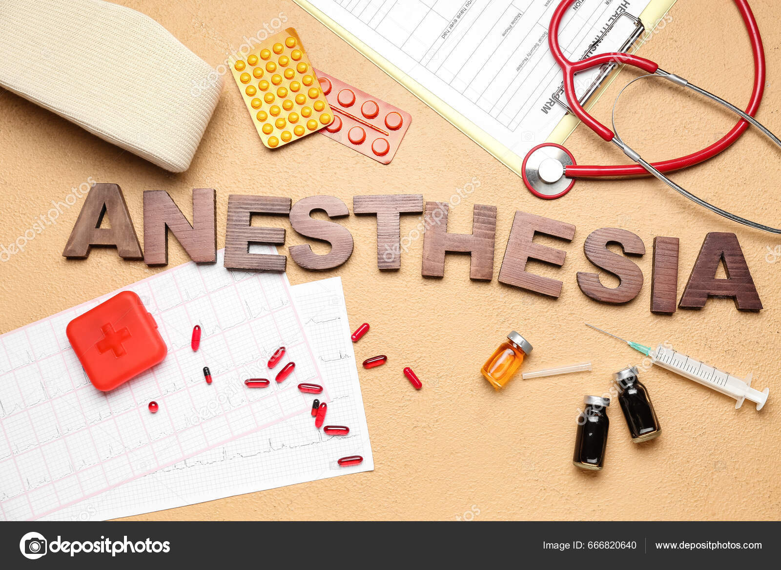 Word Anesthesia Medical Supplies Beige Background — Stock Photo ...