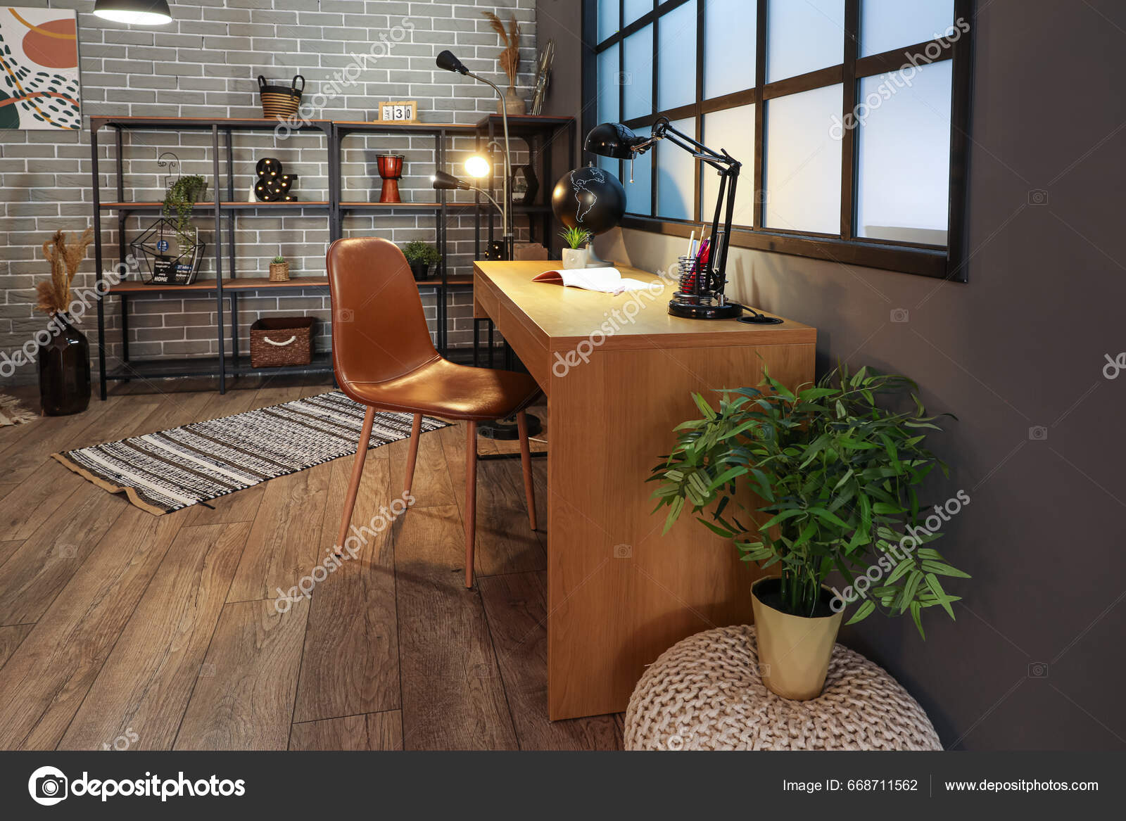Modern Workplace Glowing Lamp Interior Dark Room — Stock Photo ...