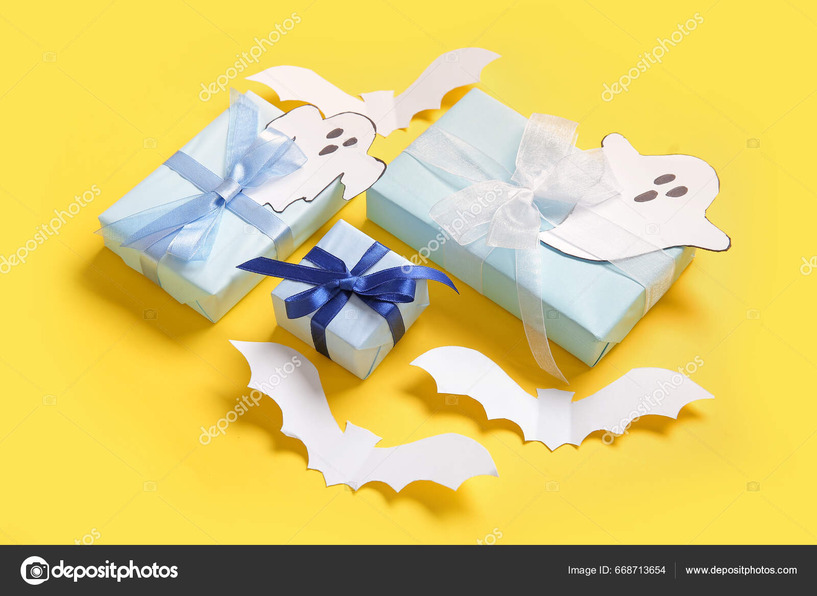 Composition Beautiful Gift Boxes Ghosts Bats Made Paper Halloween ...