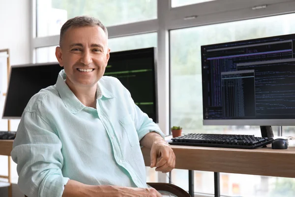 Mature Male Programmer Holding Laptop Programming Code White Brick Wall ...